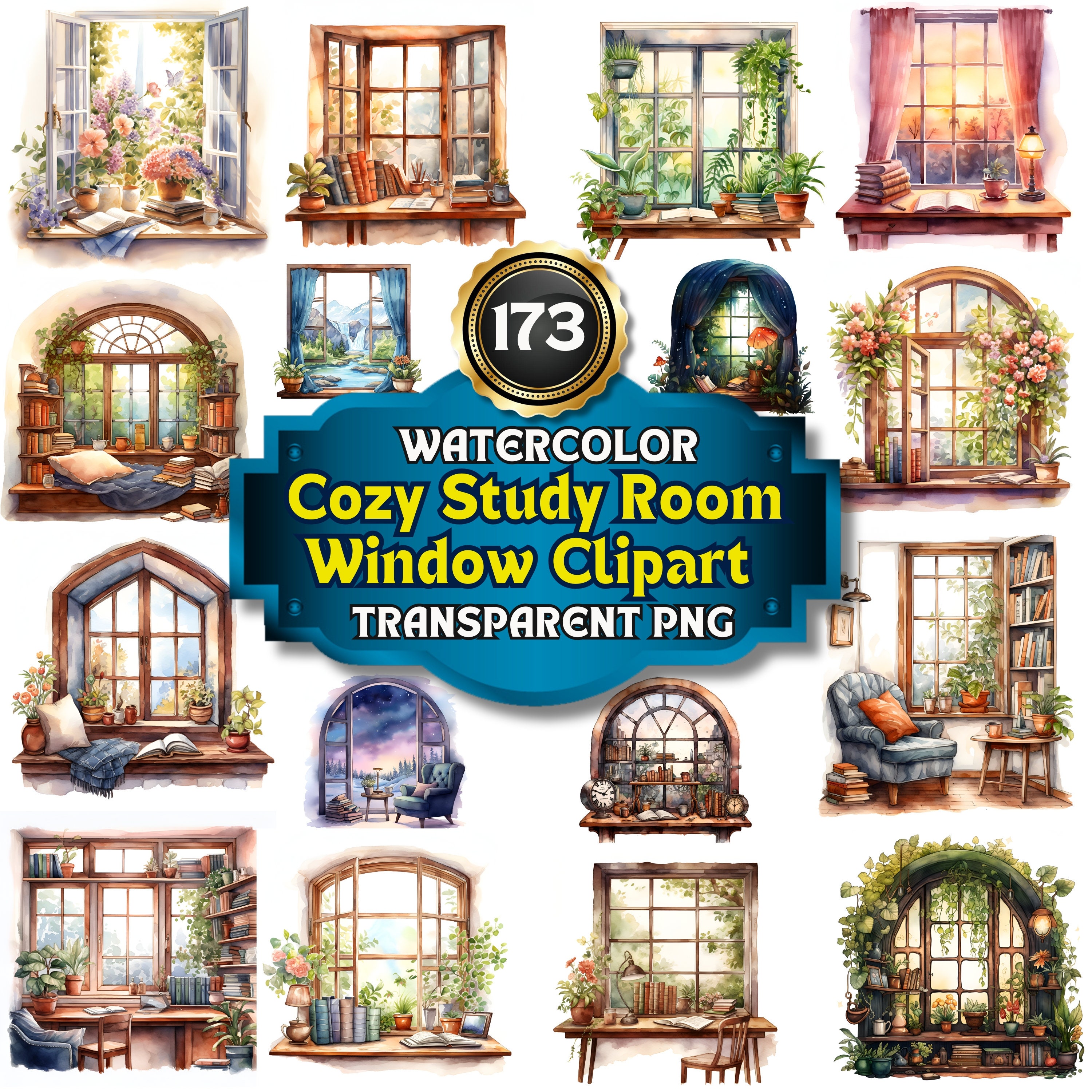 173 Watercolor Cozy Study Room Window Clipart, Scholar's Haven ...