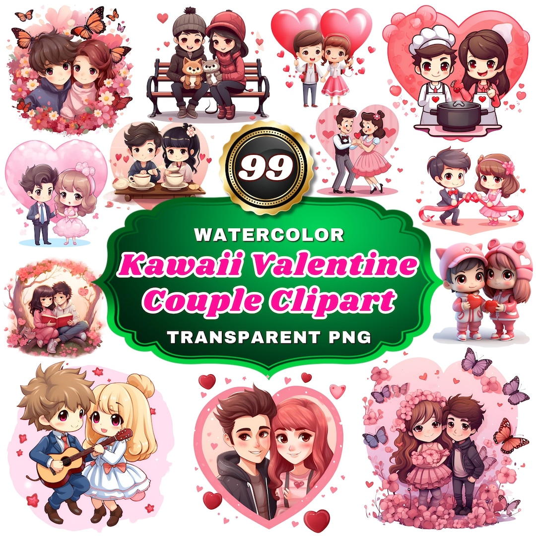Adorable Love Duo: 99 Watercolor Kawaii Valentine Couple Clipart ...