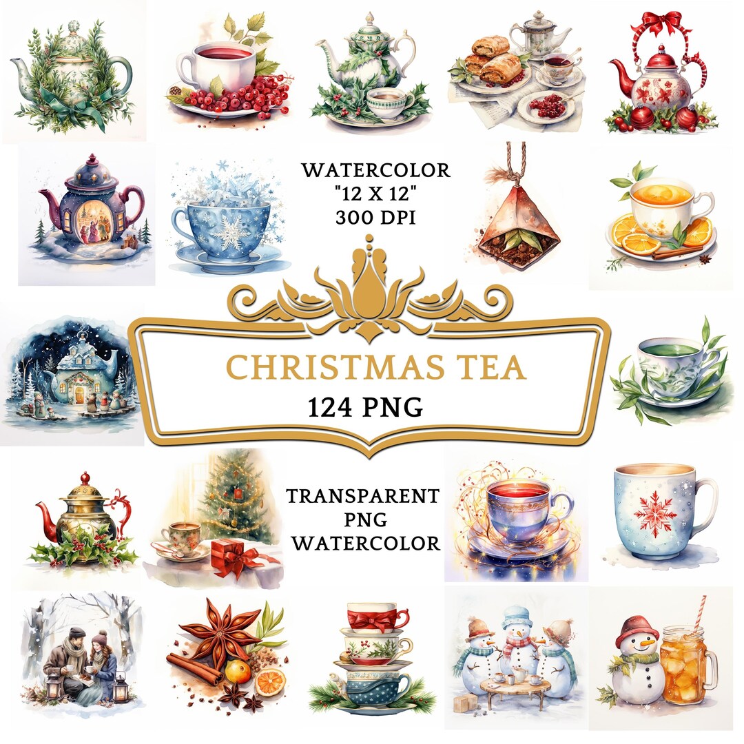 124 Watercolor Christmas Tea Clipart PNG Bundle | Holiday Tea Time ...