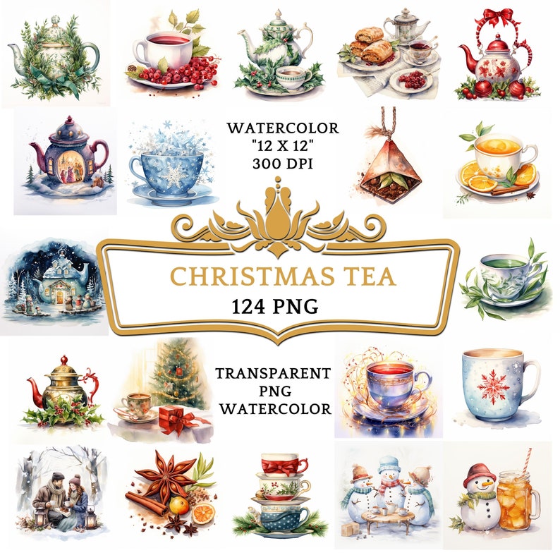124 Watercolor Christmas Tea Clipart PNG Bundle Holiday Tea Time Images ...