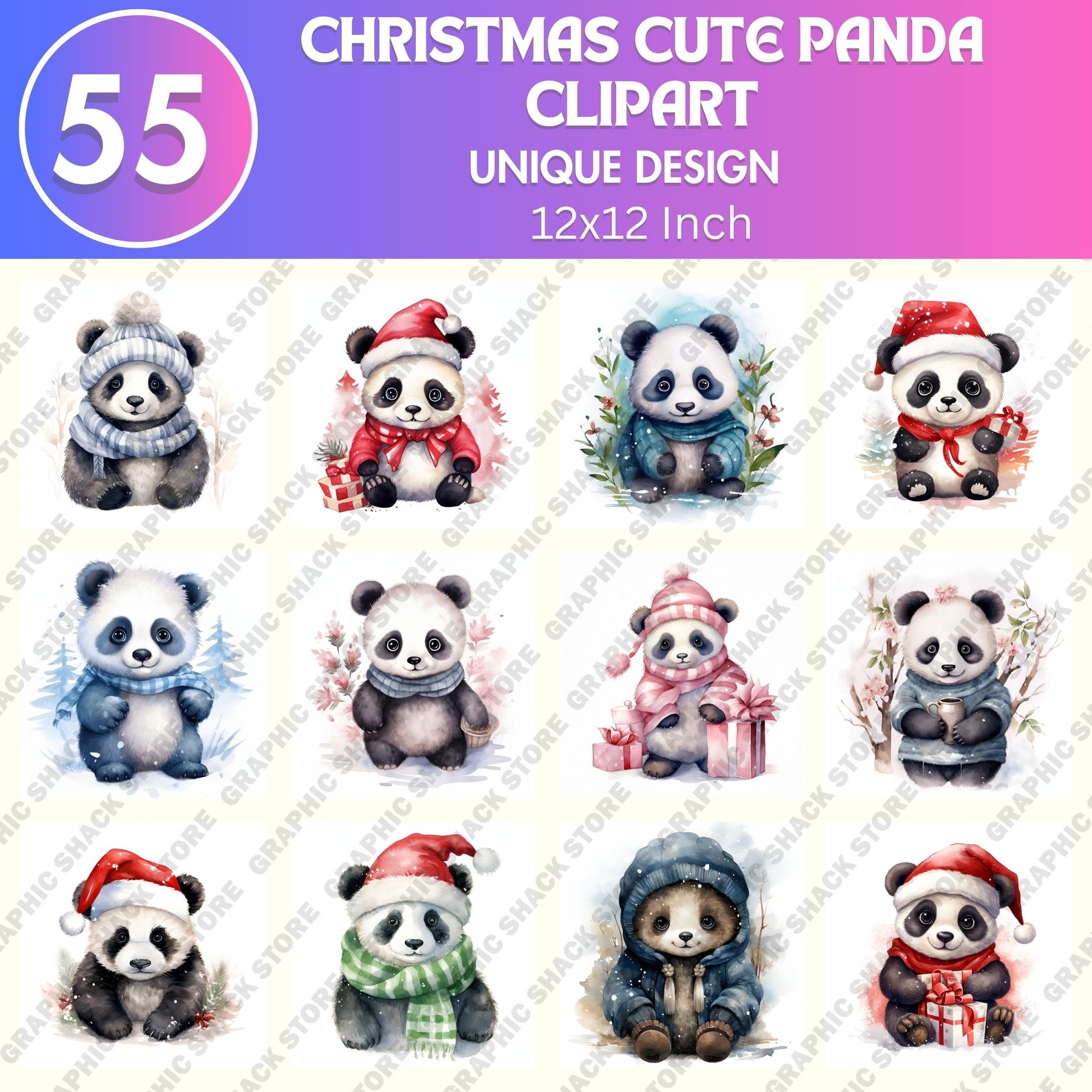55 Watercolor Christmas Cute Panda Clipart PNG Bundle | Cute Snowy ...
