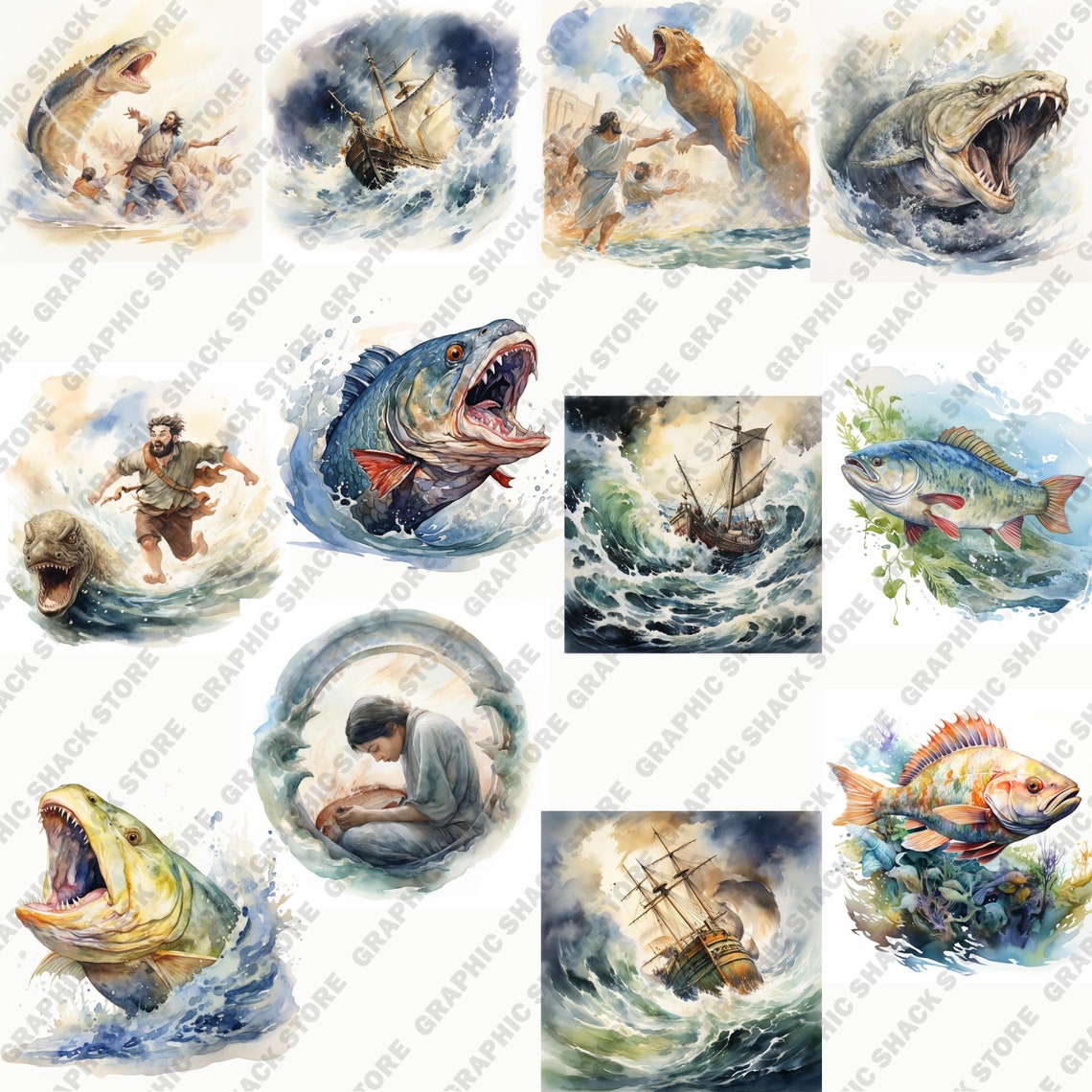 72 PNG Watercolor Jonah and the Big Fish Clip Art | Christian Religious ...