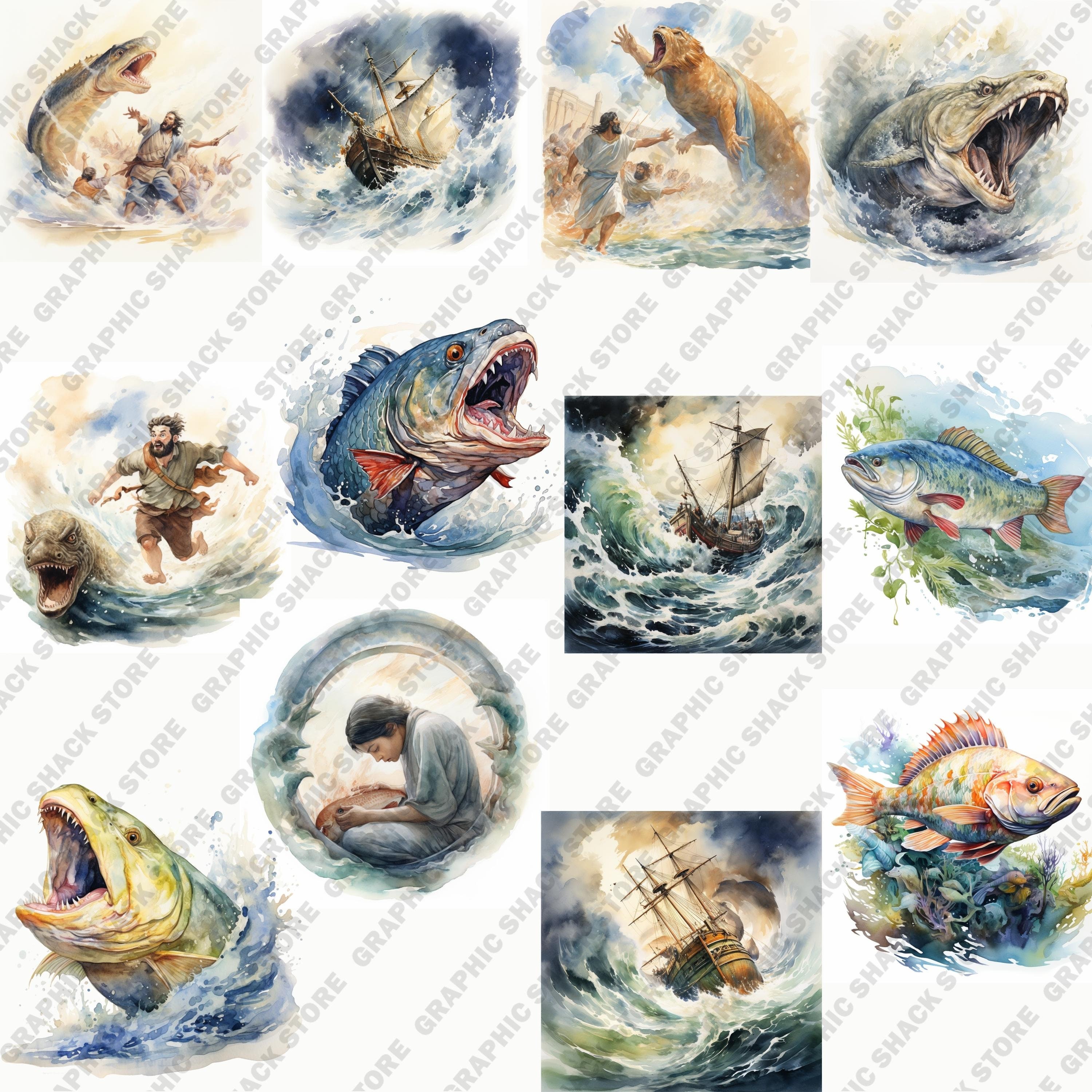 72 PNG Watercolor Jonah and the Big Fish Clip Art Christian Religious ...