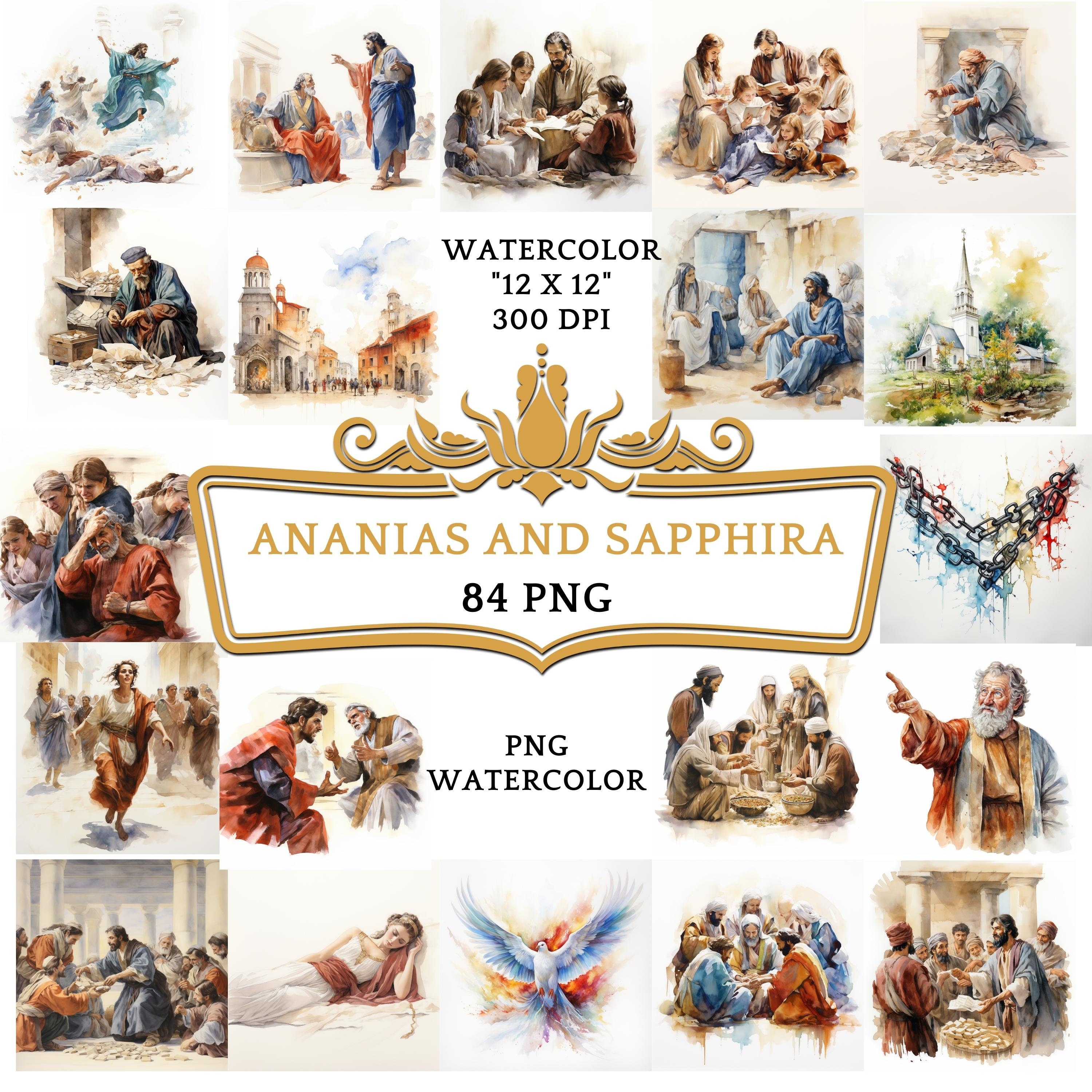 84 Watercolor Ananias and Sapphira Clipart Christian Religious Bible ...