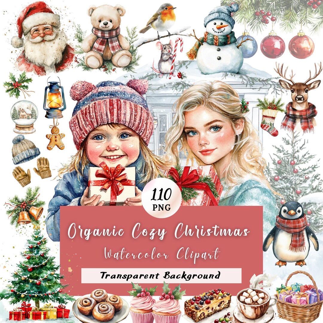 110x Organic Cozy Christmas Clipart Bundle - Watercolor Xmas Gifts ...