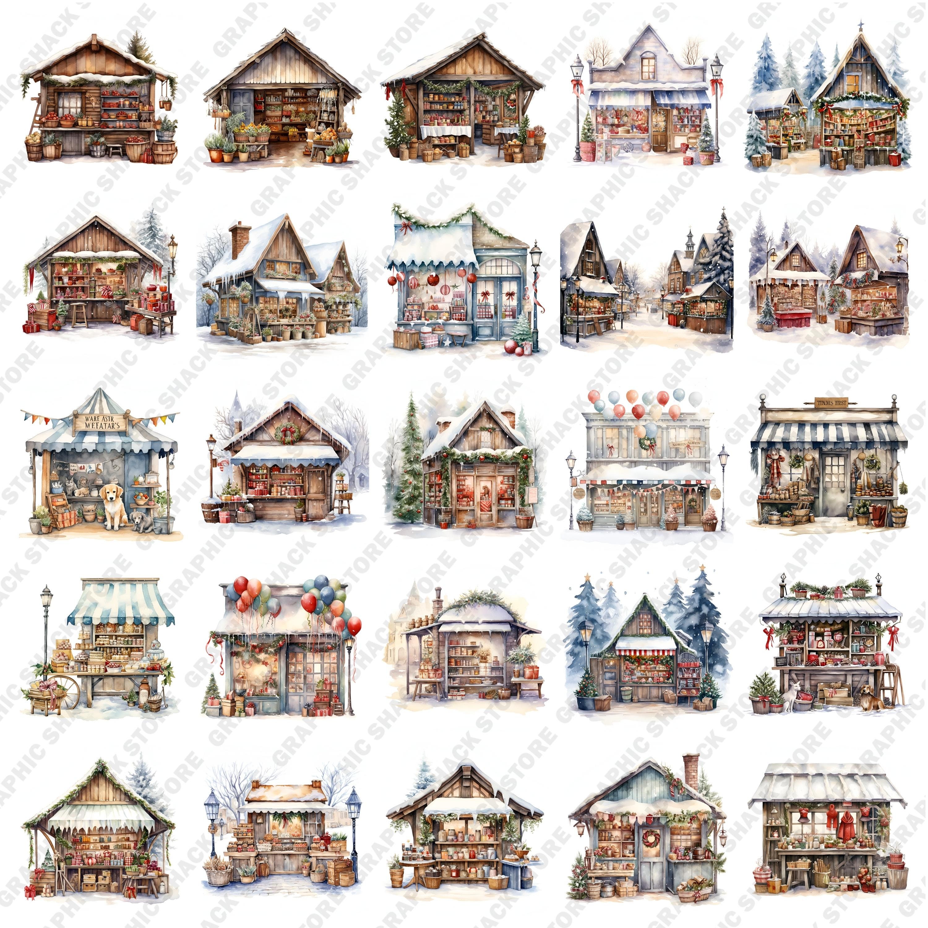 117 Watercolor Winter Market Shops PNG Clipart, Festive Christmas ...