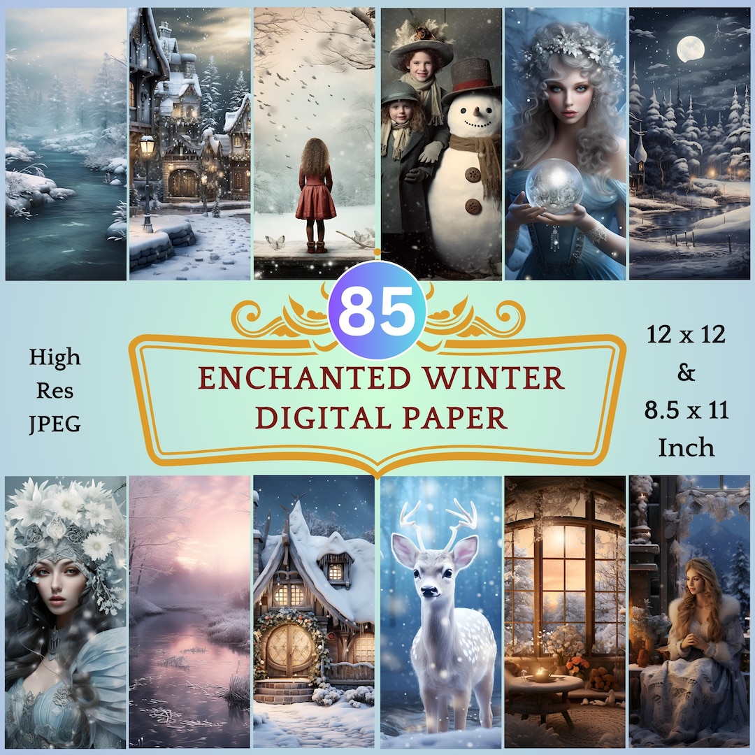 85 Enchanted Winter Digital Paper | Cozy Wintery Scenes for Backgrounds ...