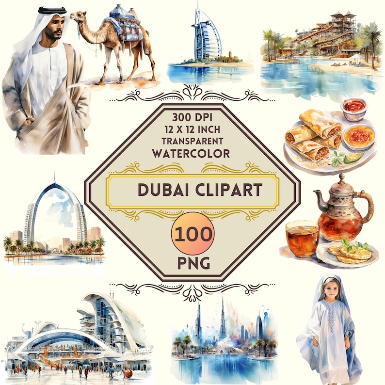100 Watercolor Dubai PNG Clipart Bundle, Dubai Summer Travel, Landmark ...
