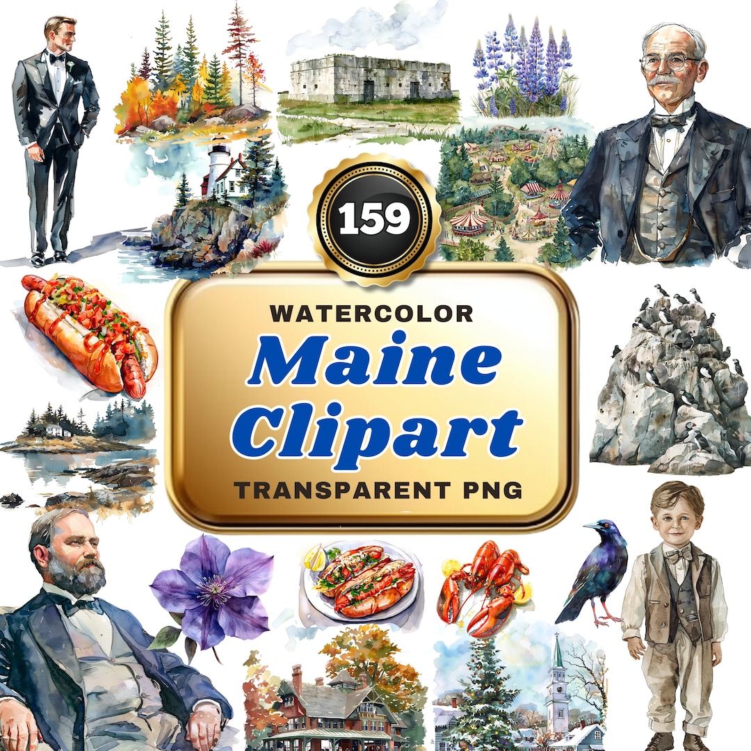 159 Watercolor Maine Cliparts, Pine Tree State Panorama - Serene ...