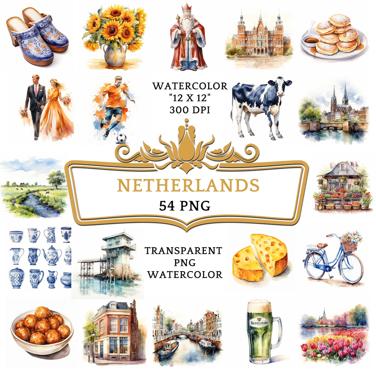 54 Watercolor Netherlands PNG Clipart Bundle, Netherlands Travel ...