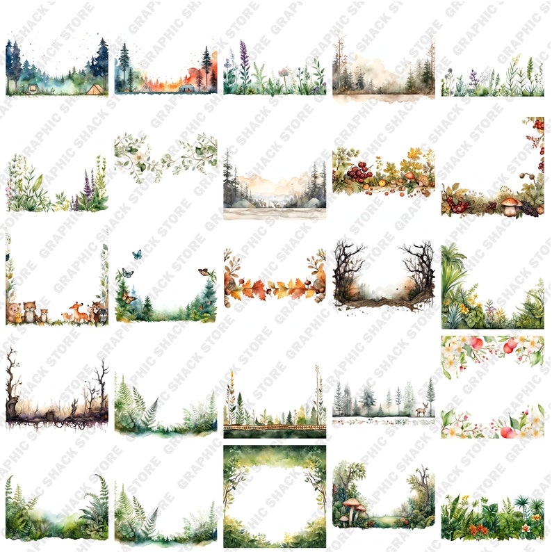 93 Enchanted Woodland Watercolor Borders Clipart - Forest-themed Edge ...