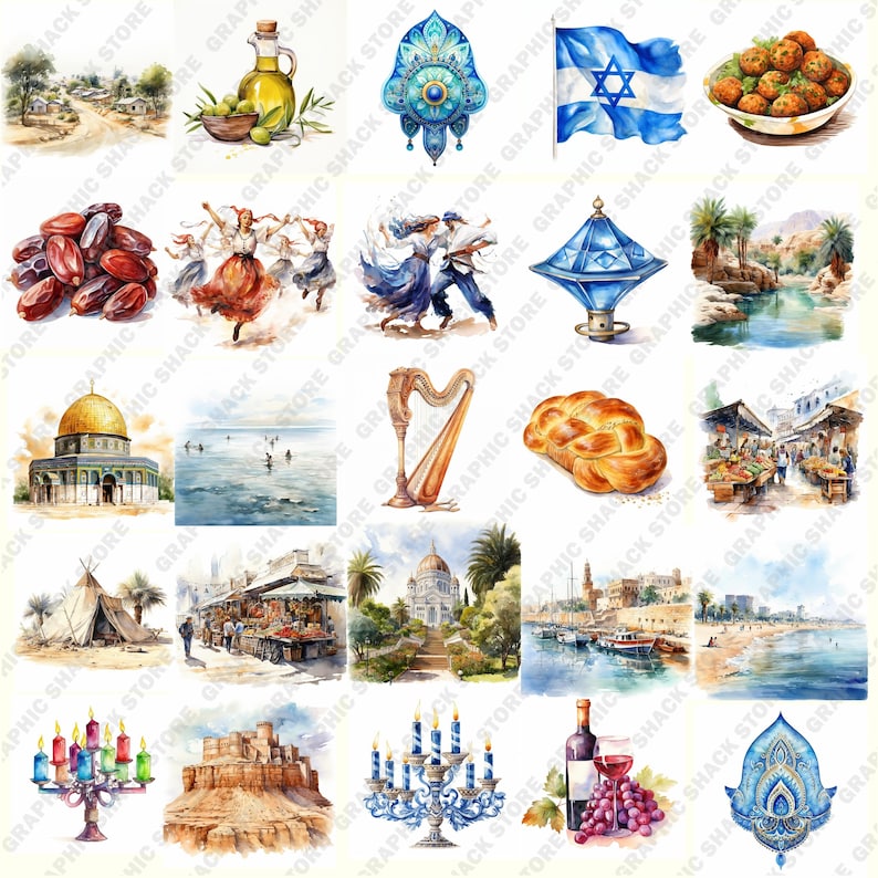62 Watercolor Israel PNG Clipart Bundle, Israel Travel Clip Art ...