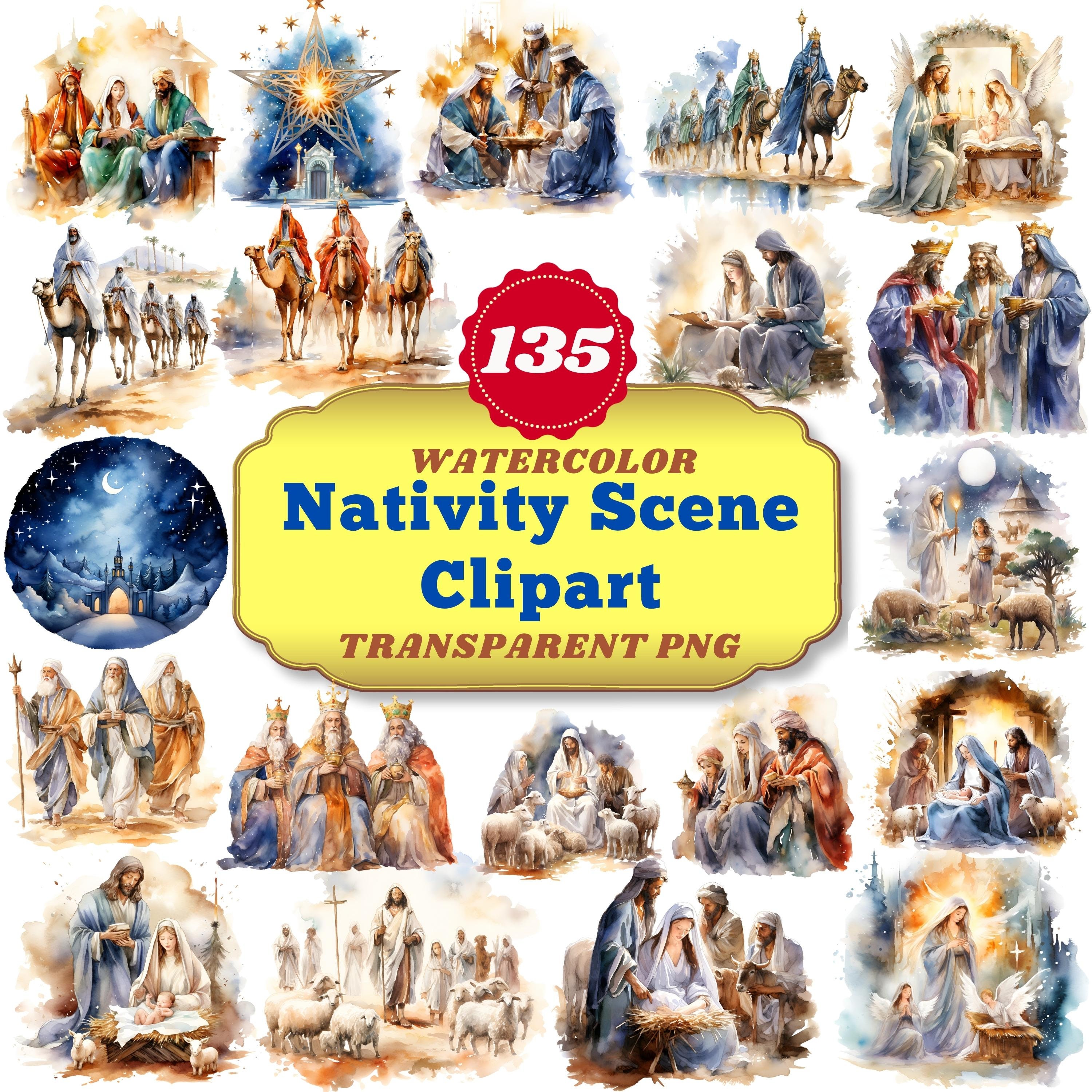 135 Watercolor Nativity Scene Cliparts - Holy Night PNG: Serene and ...