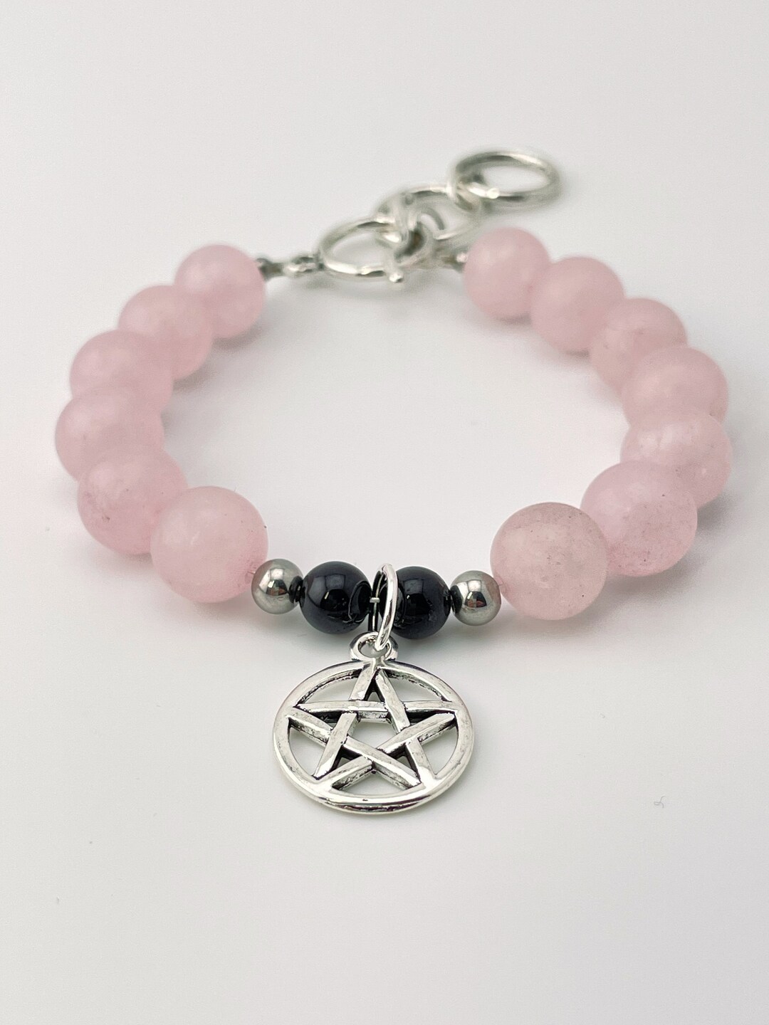 Witchy Pentacle Pentagram Bracelet, Rose Quartz Bracelet, Goth Bracelet ...