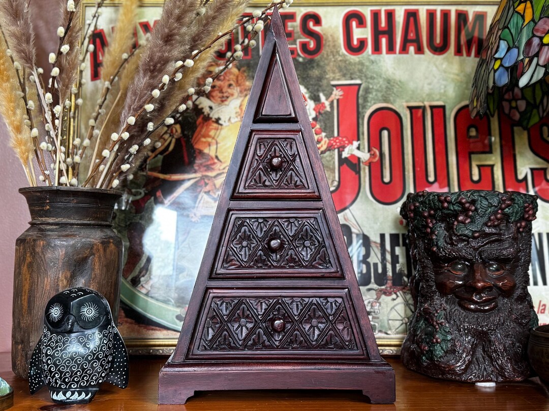Vintage Hand Carved Pyramid Wooden Chest Carved Tabletop Storage Box ...