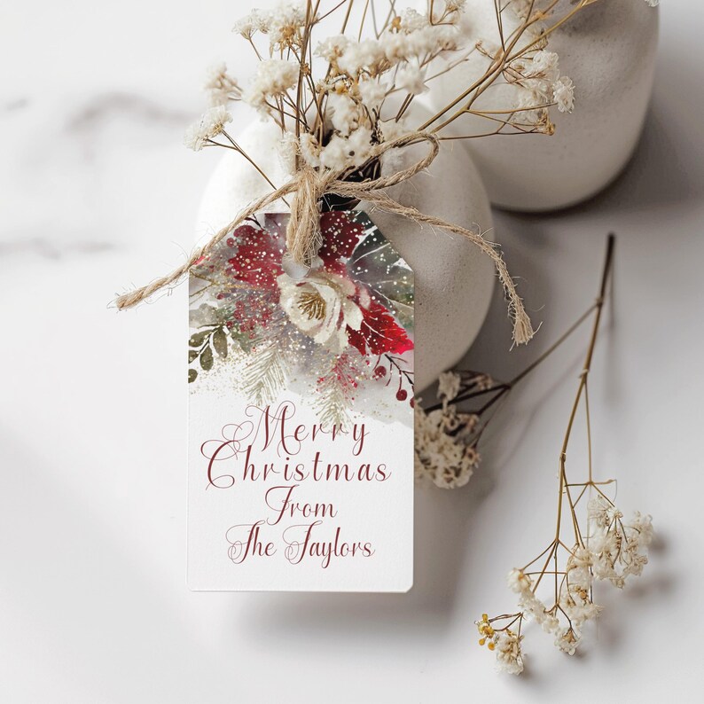 PRINTED CUSTOM Personalized Watercolor Red Christmas Ornaments Tags ...