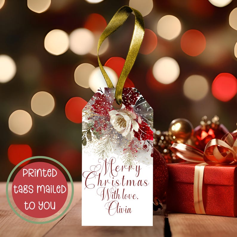PRINTED CUSTOM Personalized Watercolor Red Christmas Ornaments Tags ...