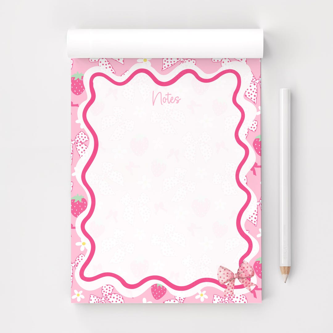 Strawberry Coquette Notepad 8.5x11 – Pink Bow Notes | 25 or 50 Sheets ...