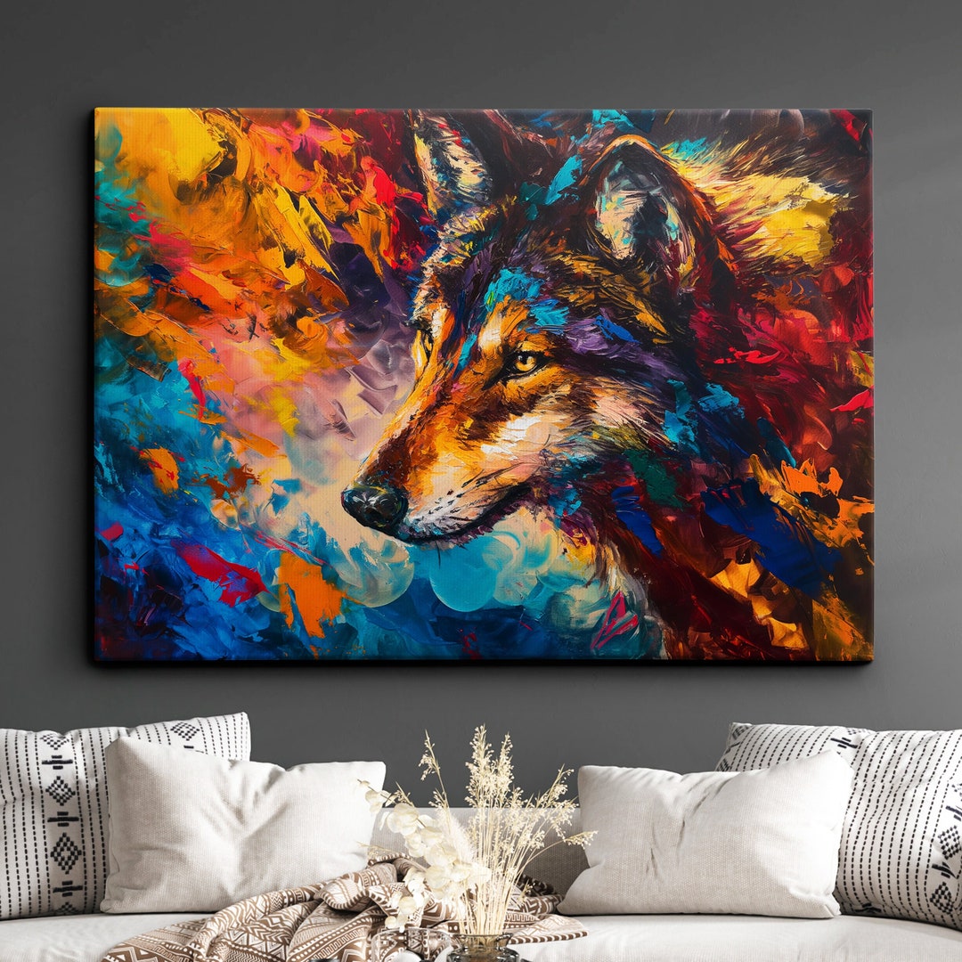 Wild Wolf Animal Abstract Modern Painting Wall Art, Framed Canvas ...