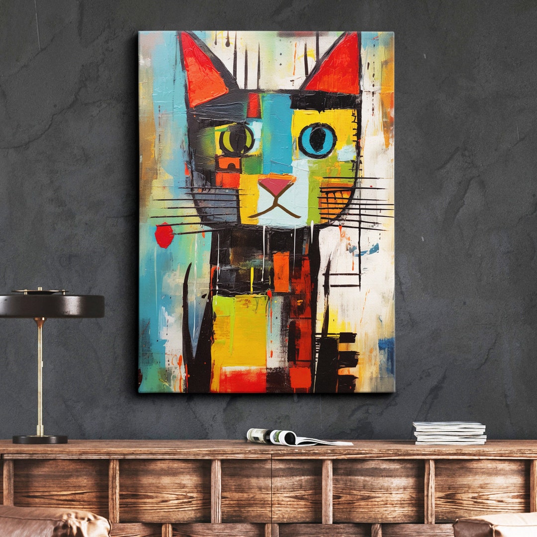 Fun Cat Picasso & Basquiat Abstract Oil Painting Style Wall Art, Framed ...