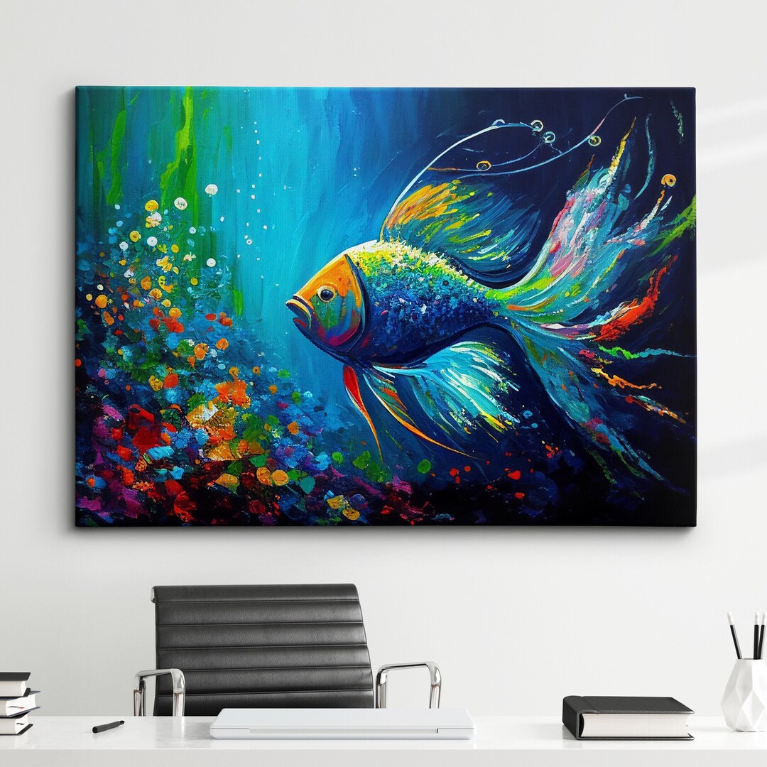 Fish Shoal Swimming Painting Splatter Colorful Swimming Wall Art Framed ...