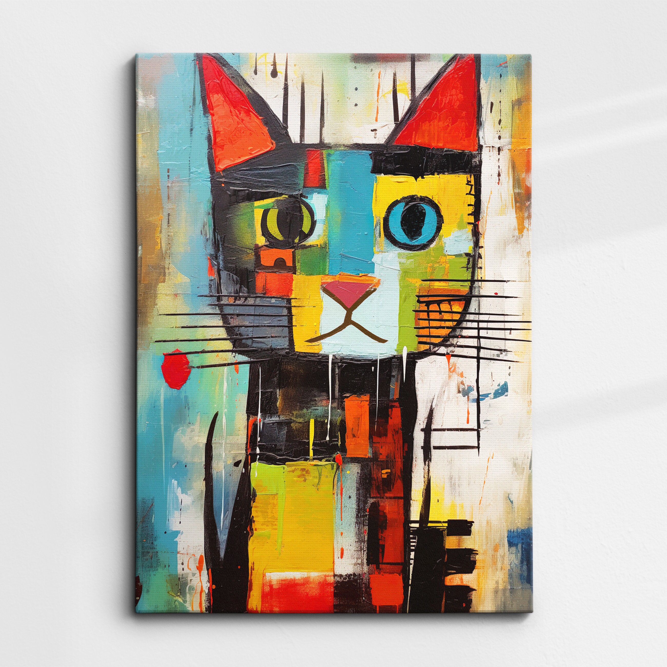 Fun Cat Picasso & Basquiat Abstract Oil Painting Style Wall Art, Framed ...