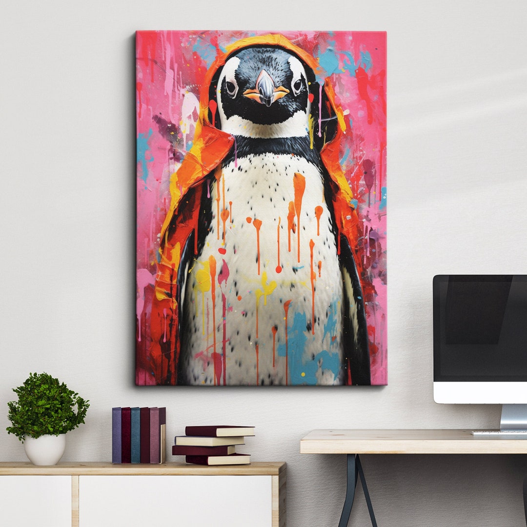Penguin Colour Spash Animal Abstract Oil Painting Splatter Style Wall ...