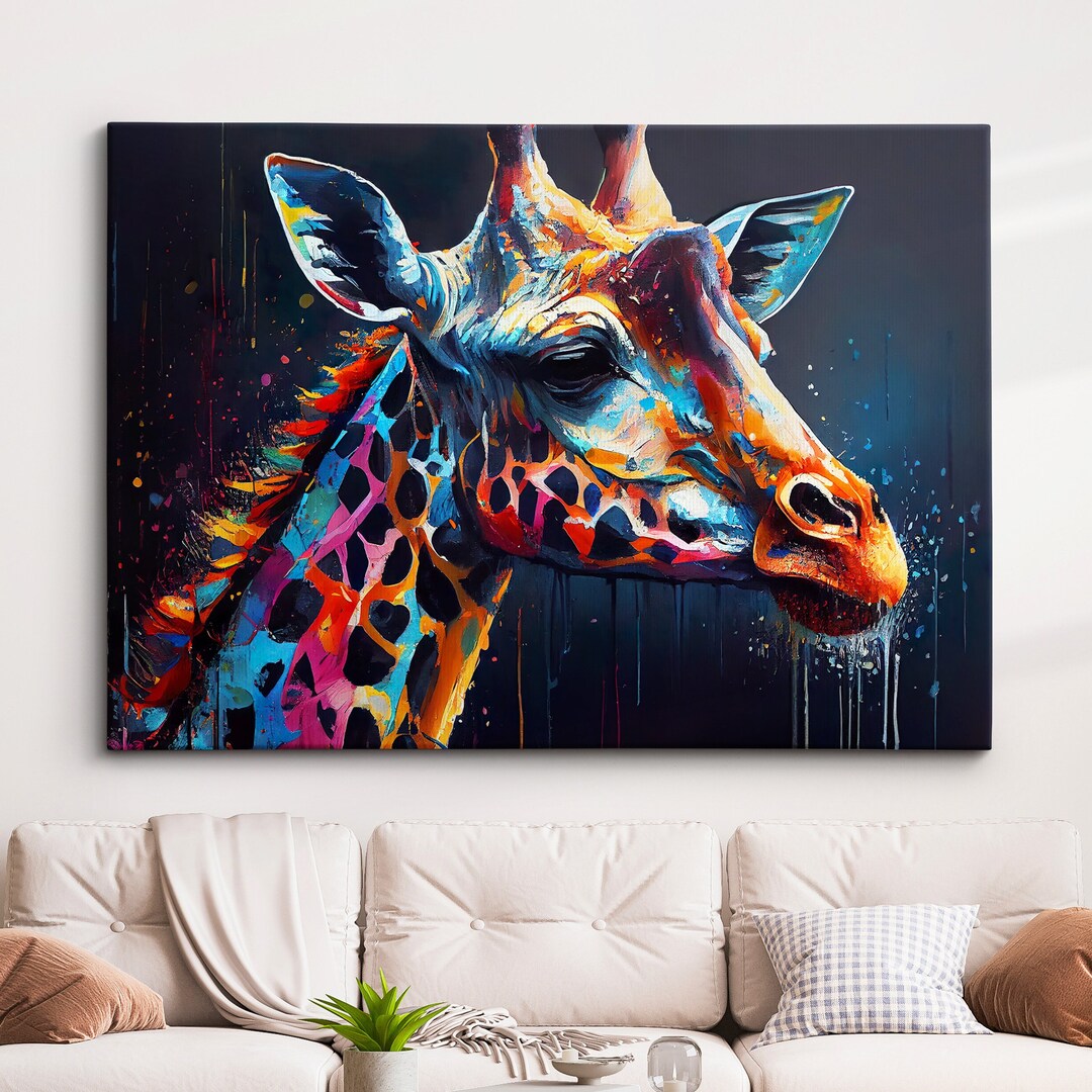 Colorful Giraffe Head Abstract Oil Painting Splatter Style Wall Art ...