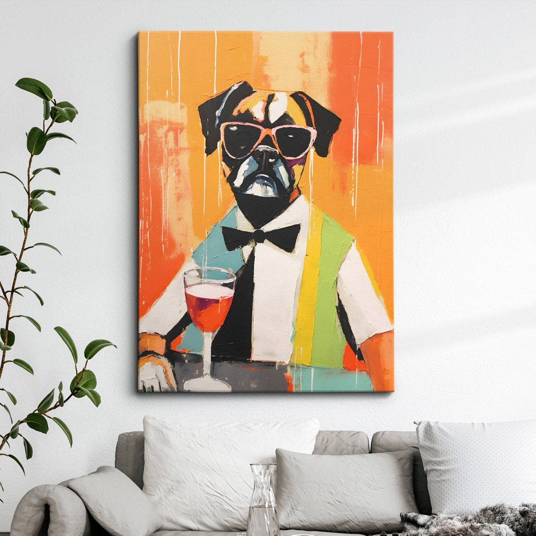 Boxer With Glasses Drinking Fun Animal Pet Home Dog Abstract Wall Art ...