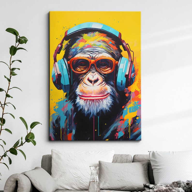 Chimp With Headphones Animal Abstract Oil Painting Splatter Style Wall ...