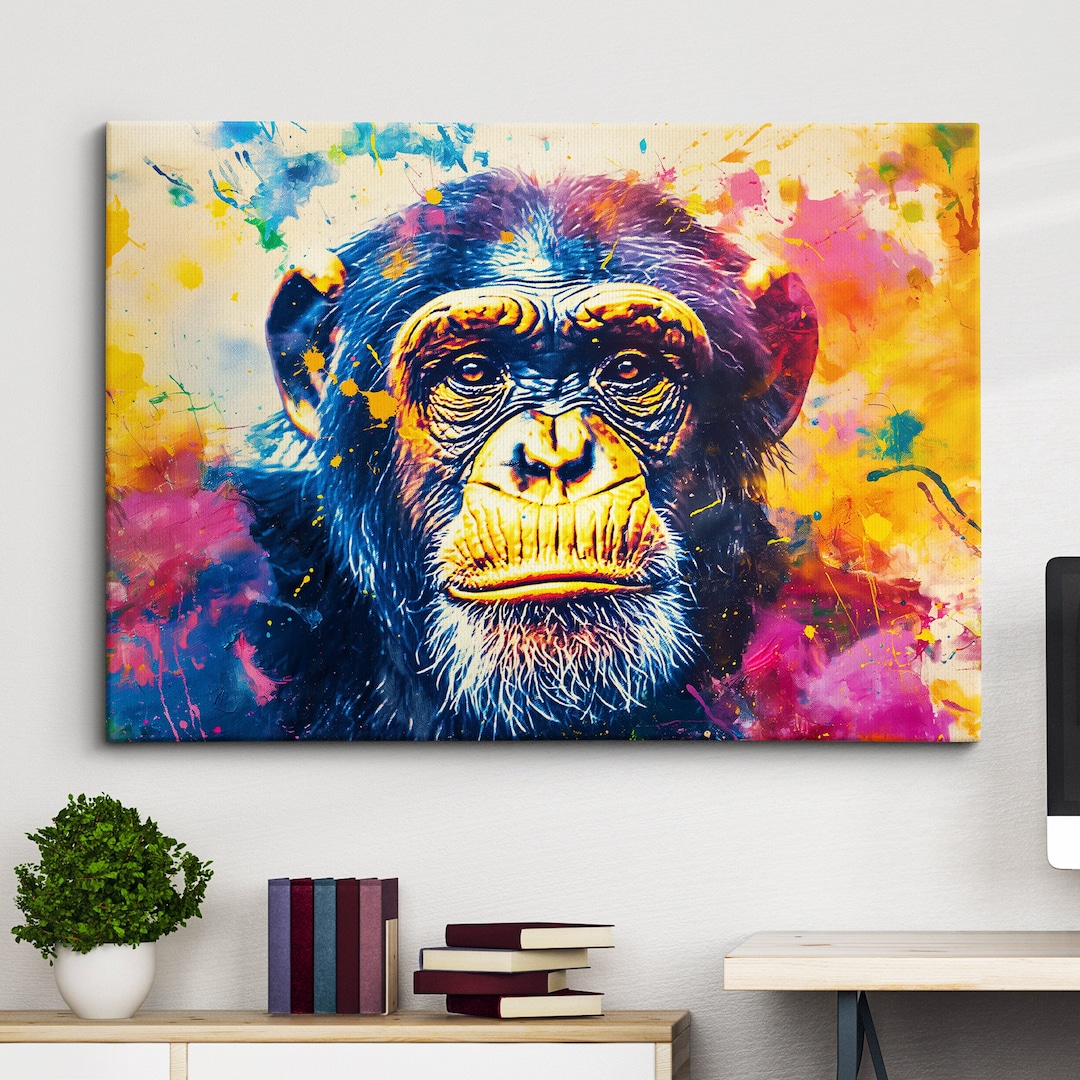 Monkey Rainbow Abstract Modern Painting Wall Art, Framed Canvas Poster ...