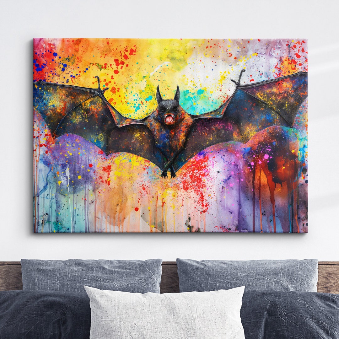 Abstract Bat Wild Animal Colorful Oil Painting Paint Splatter Wall Art ...