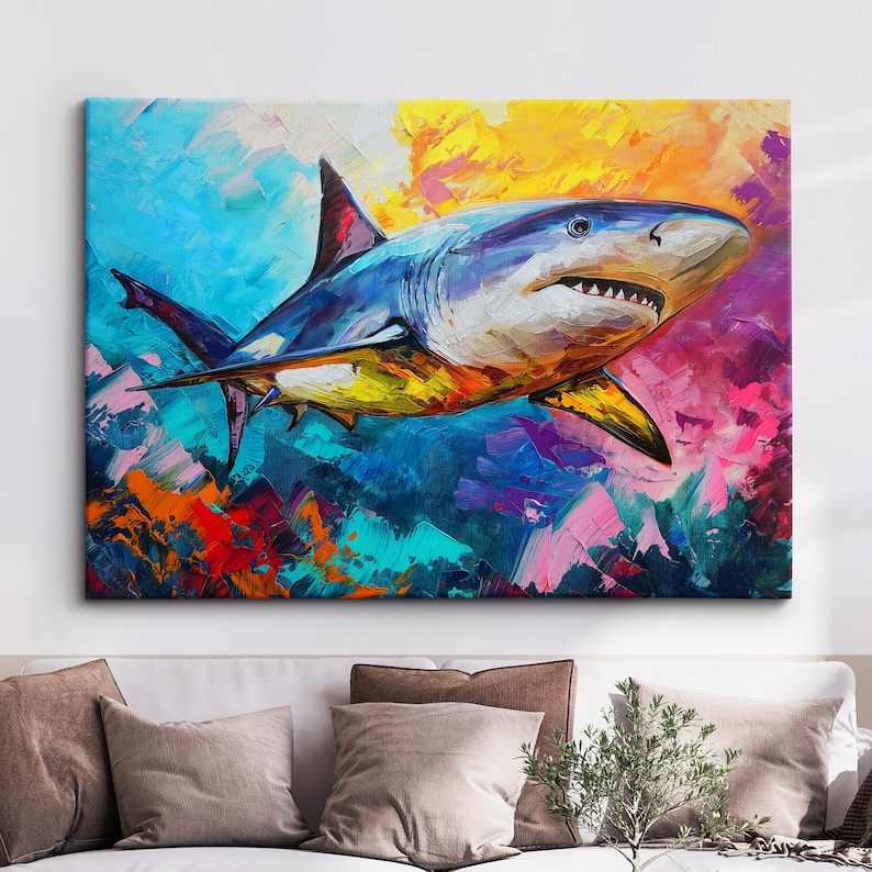 Shark Sea Animal Abstract Oil Painting Colourful Paint Splatter Style ...