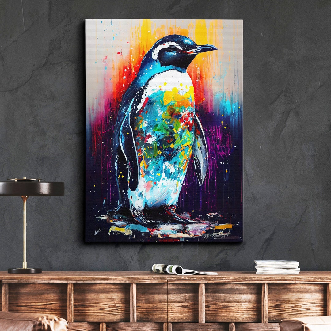 Beautiful Penguin Abstract Bird Animal Sea Oil Painting Splatter Style ...