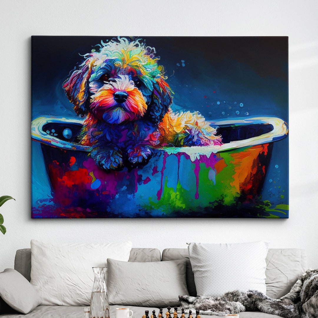Colorful Cockapoo Dog Pet Abstract Modern Oil Painting Wall Art, Framed ...