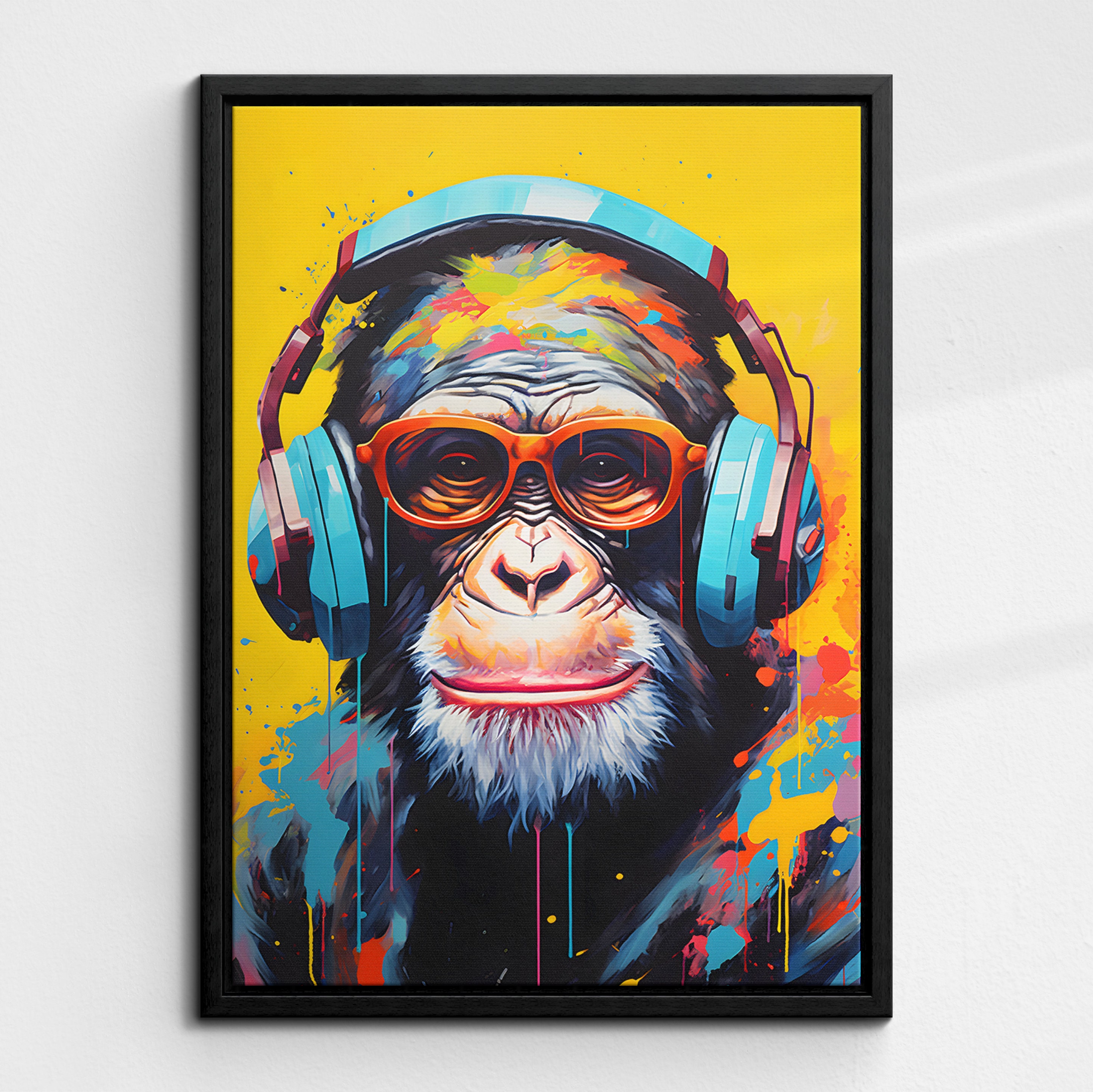 Chimp With Headphones Animal Abstract Oil Painting Splatter Style Wall ...