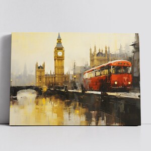 London England Big Ben Tower Red Bus Landmark Oil Painting Style Wall ...