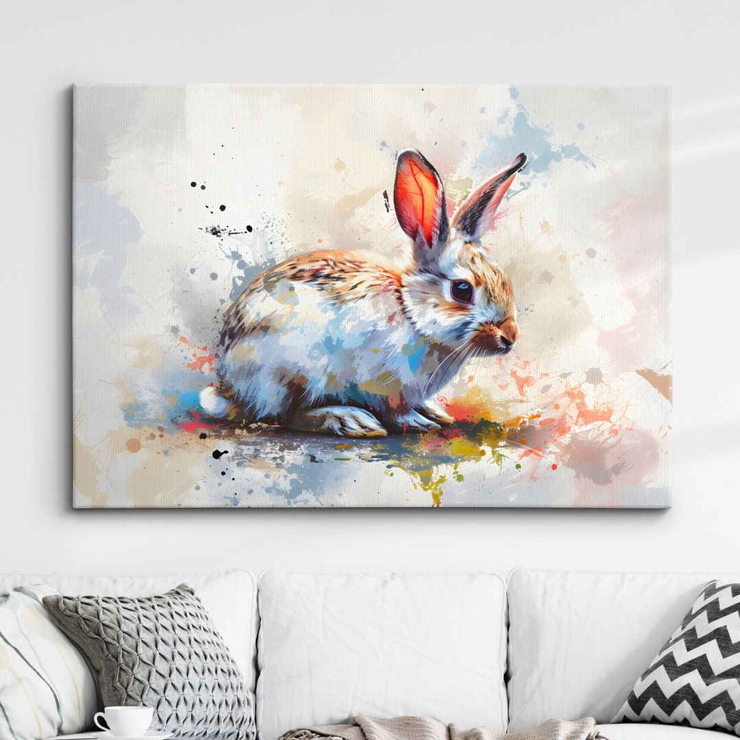 Bunny Rabbit Abstract Hare Animal Oil Painting Rainbow Pet Splatter ...