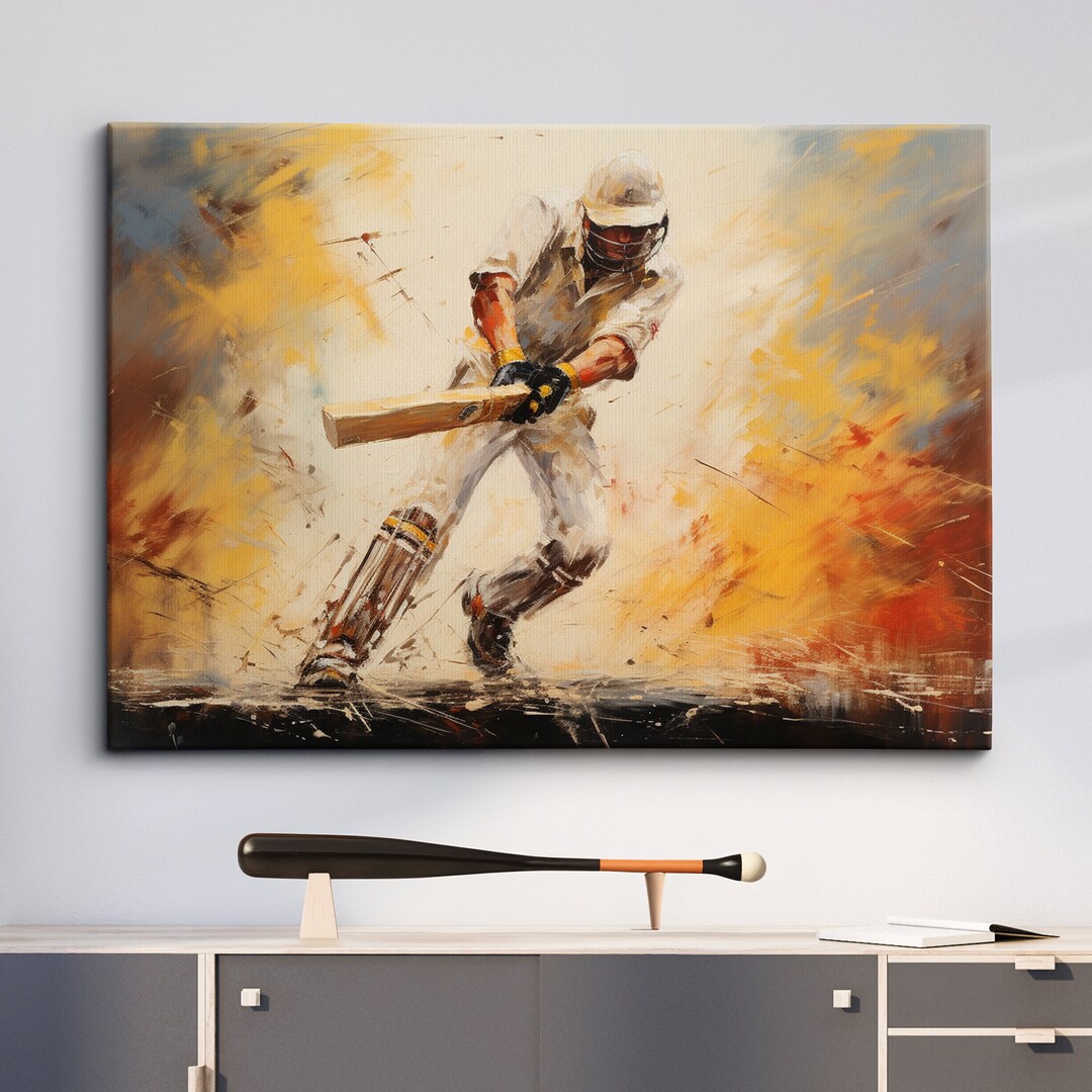 Cricket Player Abstract Oil Painting Sports Wall Art, Framed Canvas ...