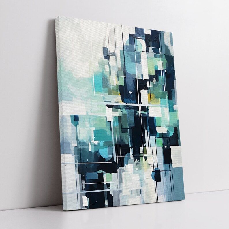 Blue Geometric Lines Abstract Oil Painting Strokes Style Wall Art ...