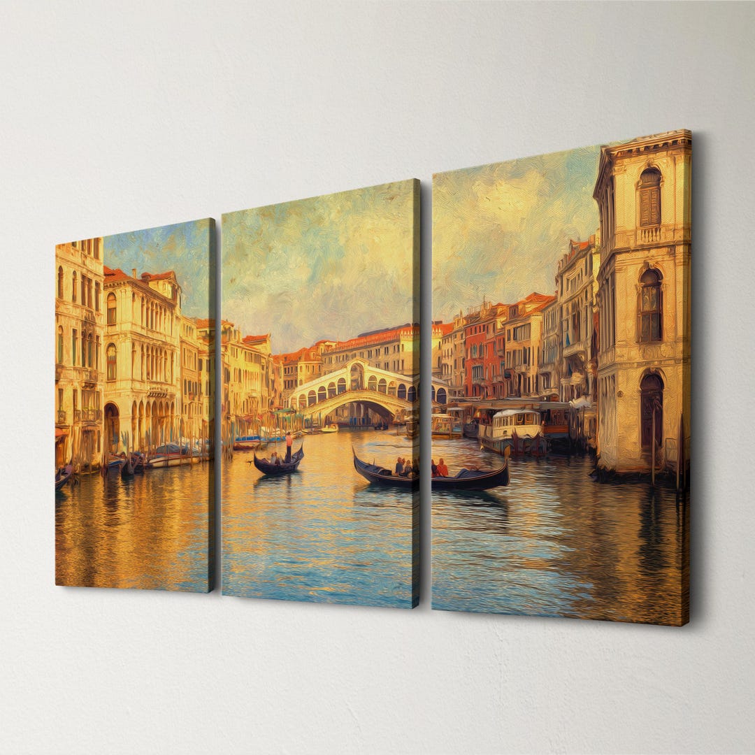Venice Canals 3 Panel Split Canvas Wall Art, Gondolas at Sunset, Ornate ...
