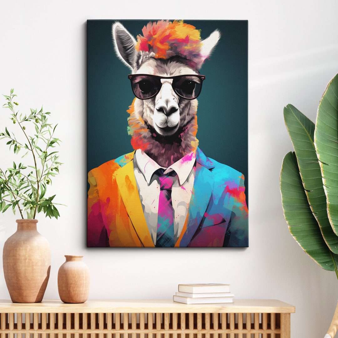 Lama in a Suit Animal Abstract Oil Painting Splatter Style Wall Art ...