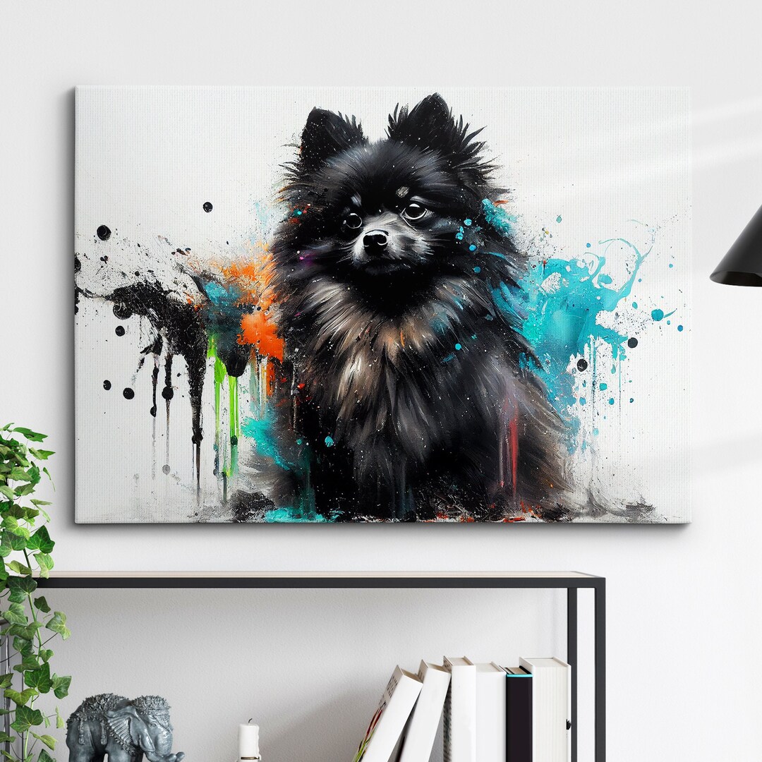 Black Colorful Pomeranian Dog Pet Abstract Modern Oil Painting Wall Art ...