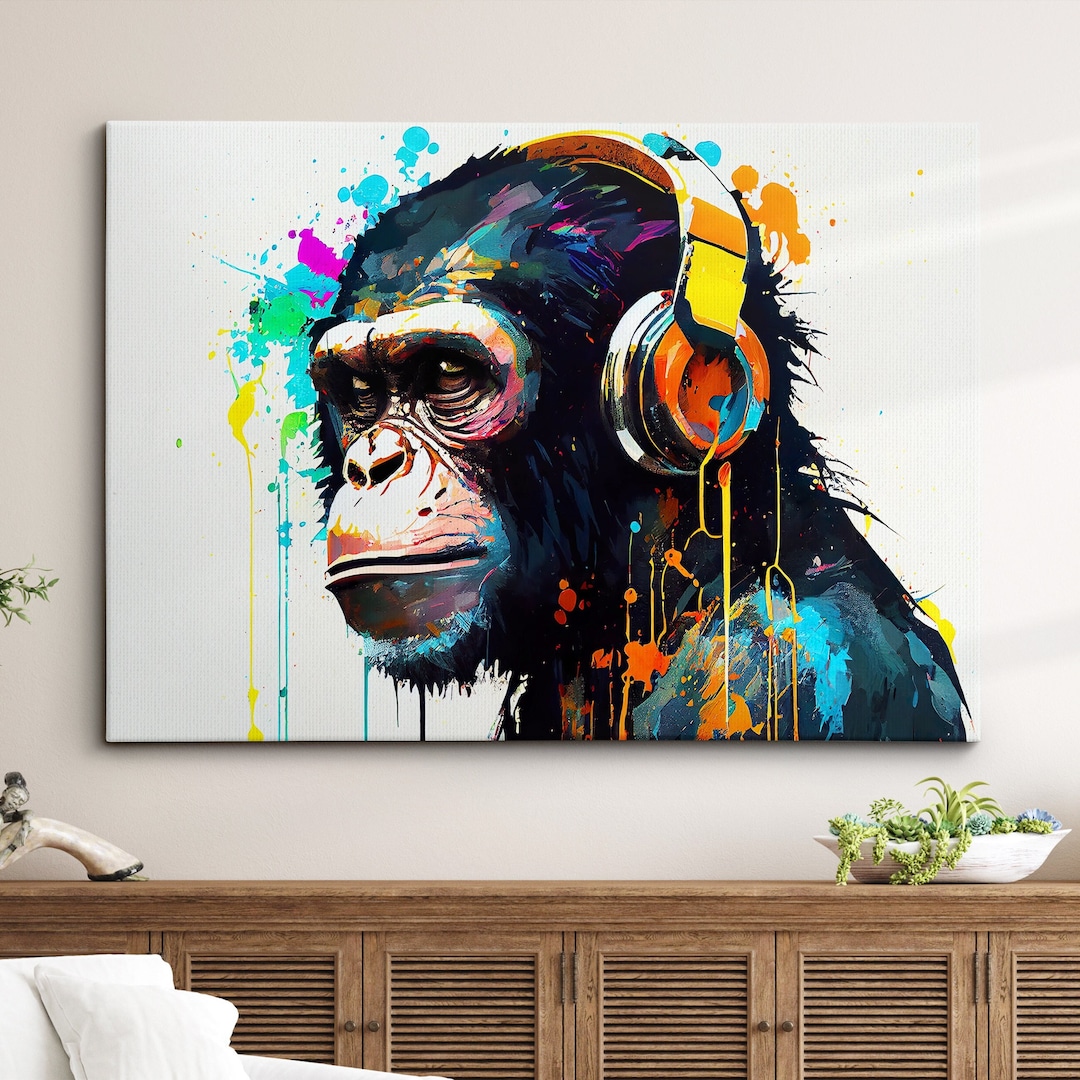 Chimp With Headphones DJ Abstract Oil Animal Painting Splatter Style ...
