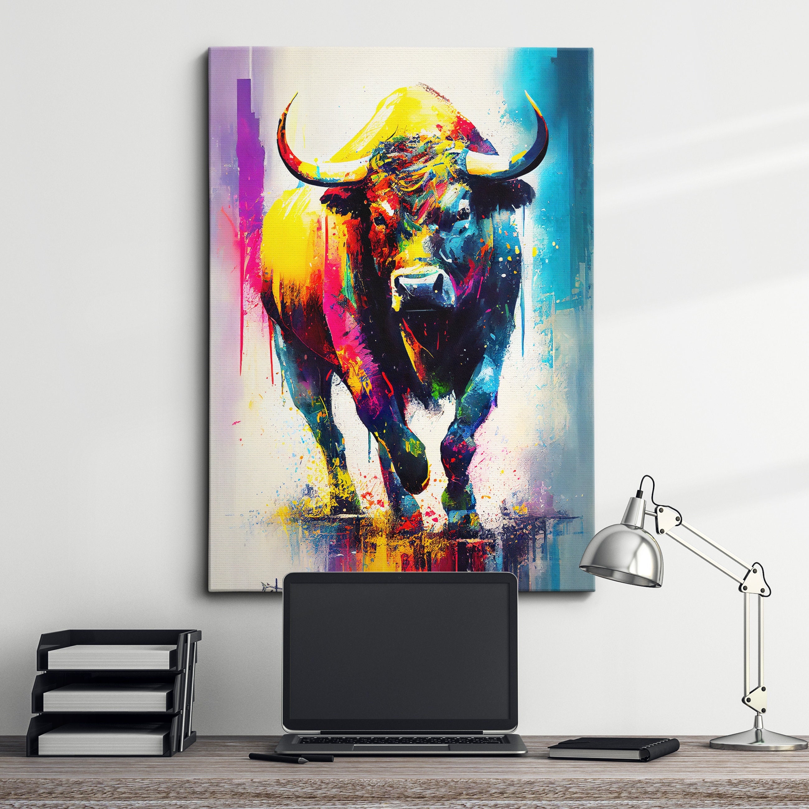 Bull Abstract Oil Painting Wall Art Animal Framed Canvas Poster Print ...