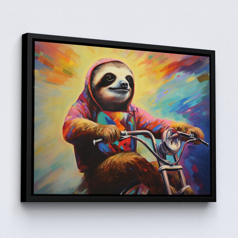 Sloth Riding a Bike Abstract Modern Painting Wall Art, Framed Canvas ...