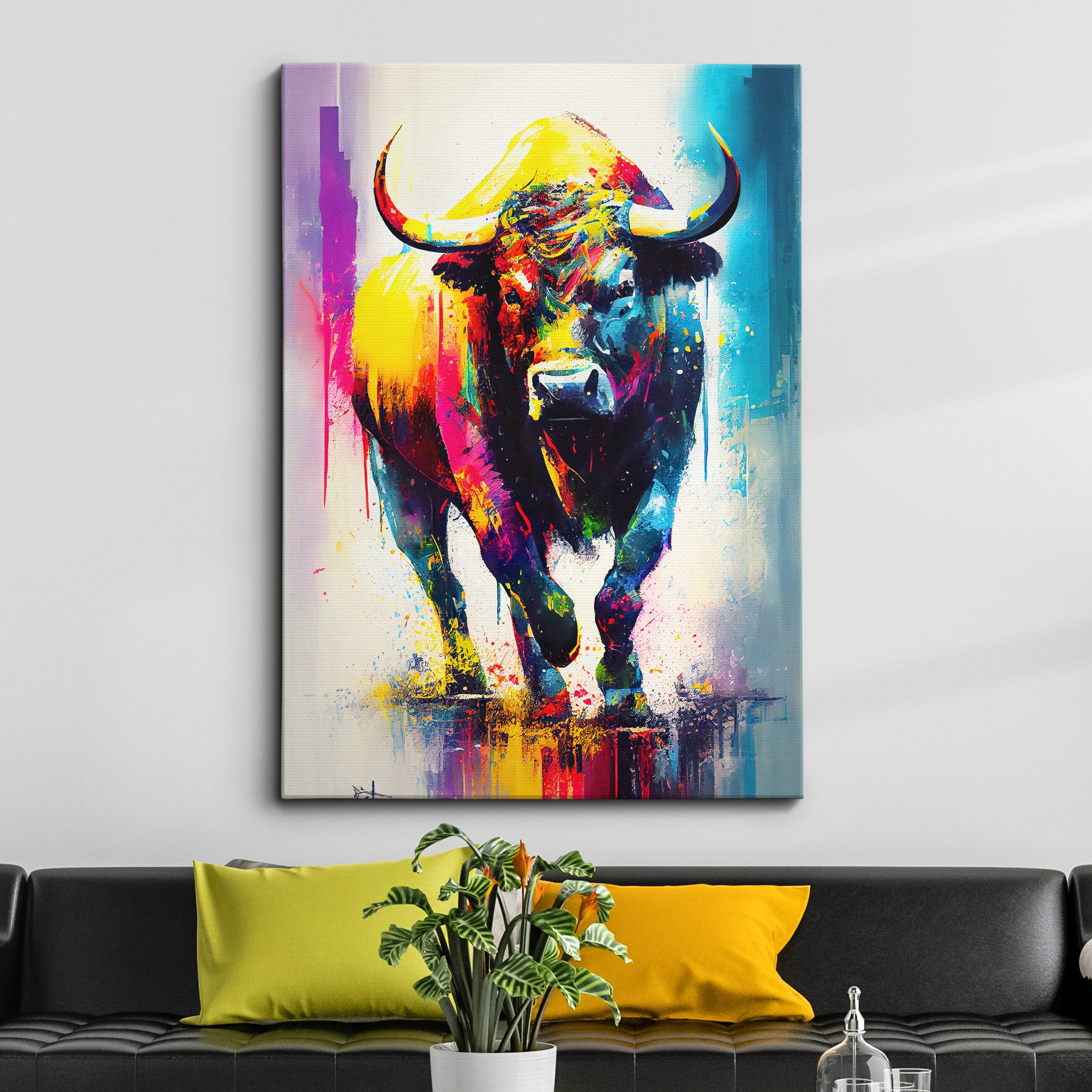 Bull Abstract Oil Painting Wall Art Animal Framed Canvas Poster Print ...