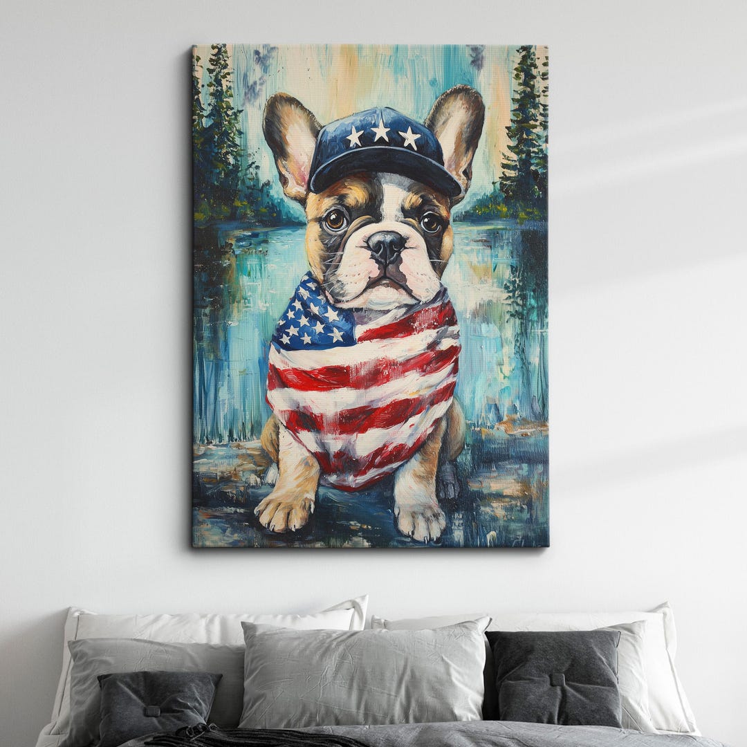 Patriotic French Bulldog Puppy USA Flag Dog Pet Abstract Oil Painting ...