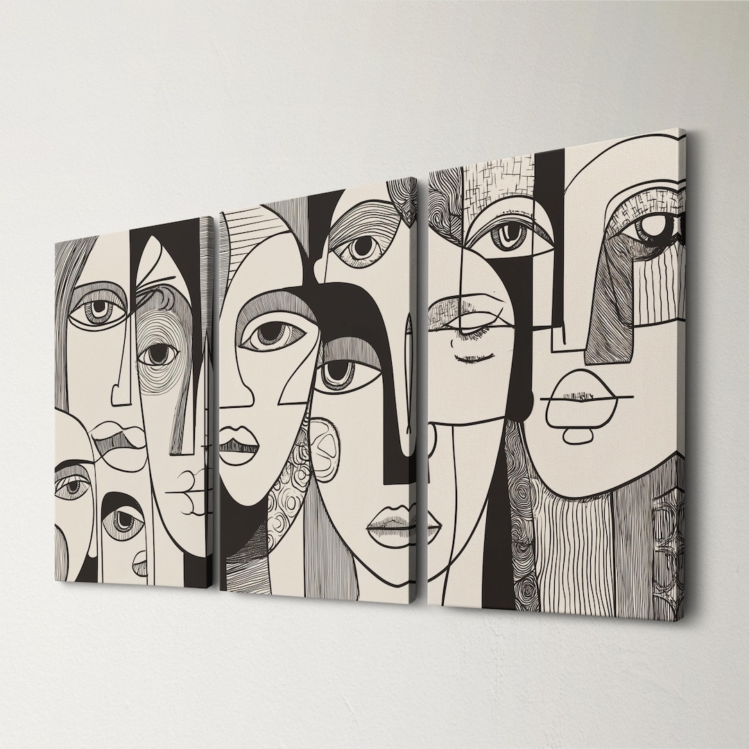 Abstract Faces Line Art Set of 3 Panels Modern Picasso Style Canvas ...