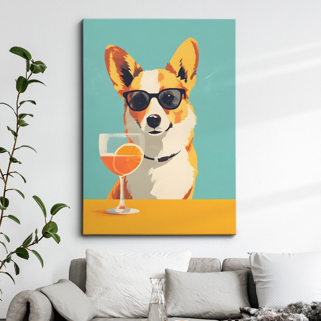 Corgi With Glasses Drinking Fun Animal Dog Pet Lover Abstract Wall Art ...